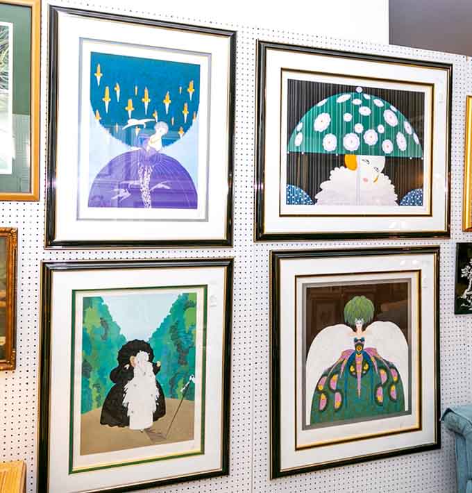 Art Deco prints line the pegboard walls, their geometric designs and bold colors still captivating after all these decades.