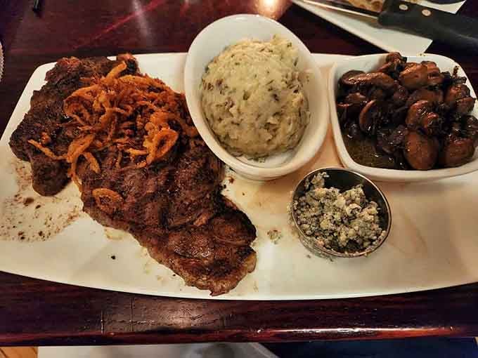 That ribeye with crispy onions and saut&eacute;ed mushrooms looks like it could solve most of life's problems, honestly.