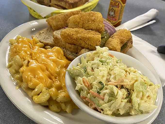 Mac and cheese alongside perfectly golden corn nuggets, because sometimes comfort needs a sidekick too.