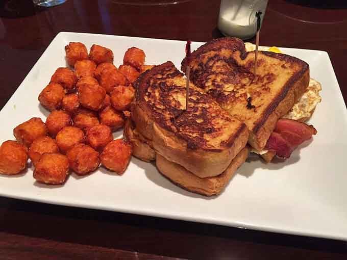 French toast that's been to finishing school, served with sweet potato nuggets that steal the show.