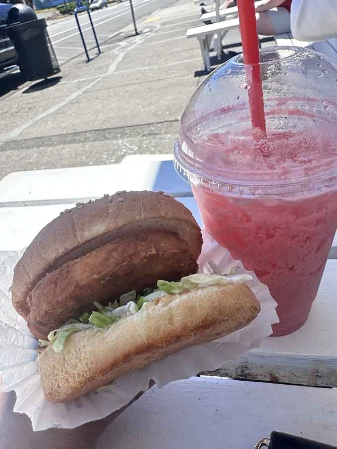 That's a serious salmon burger situation right there, paired with a berry shake for the win.