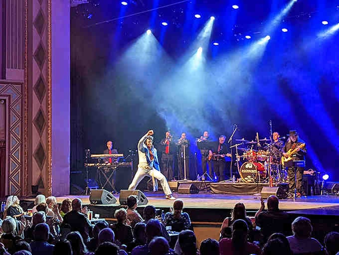 Elvis tribute artists and touring acts bring this stage to life under those Egyptian columns.
