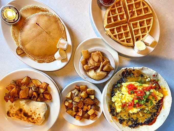From pancakes to waffles to huevos rancheros, this spread shows why choosing just one breakfast item feels nearly impossible here.