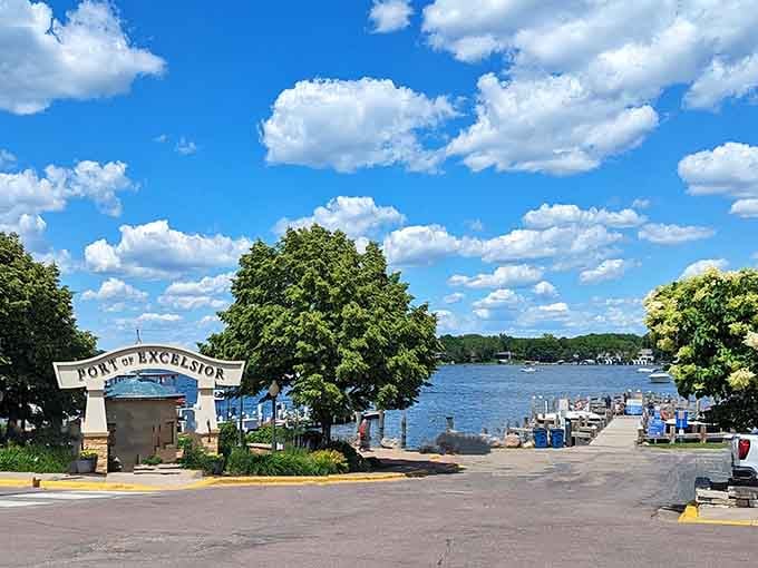That "Port of Excelsior" arch frames lake views so perfect they belong on a postcard your grandparents would actually mail.
