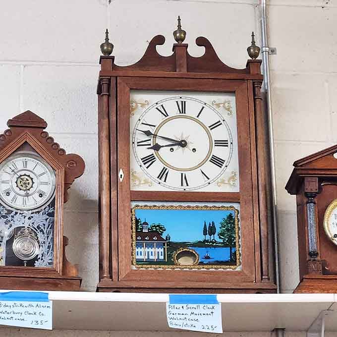 Antique clocks that have been marking time for generations, each one a functional piece of American craftsmanship and history.
