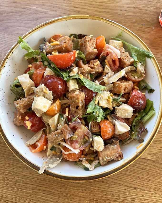 Panzanella salad proving that bread, tomatoes, and fresh mozzarella create magic when they collaborate properly.