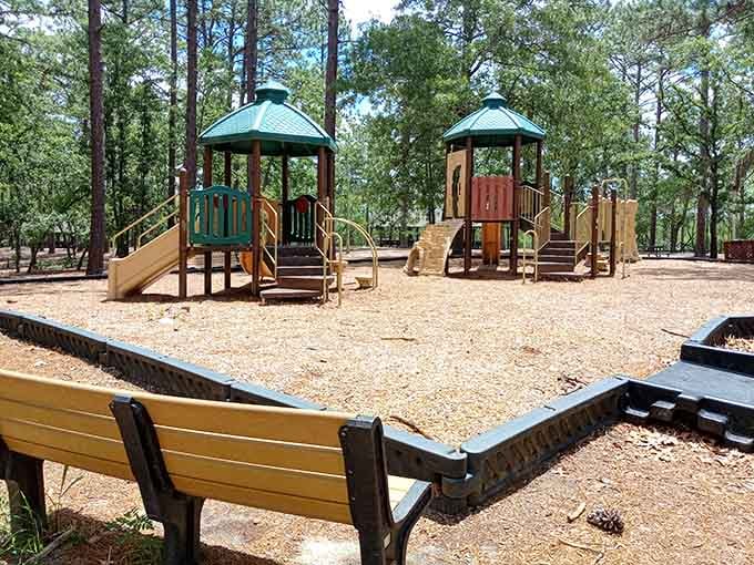 The playground gives kids a chance to burn off energy between nature walks and fishing expeditions at the pond.