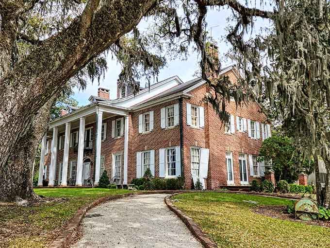 Spanish moss drapes this grand home like nature's own curtains, creating Southern Gothic perfection under ancient oaks.