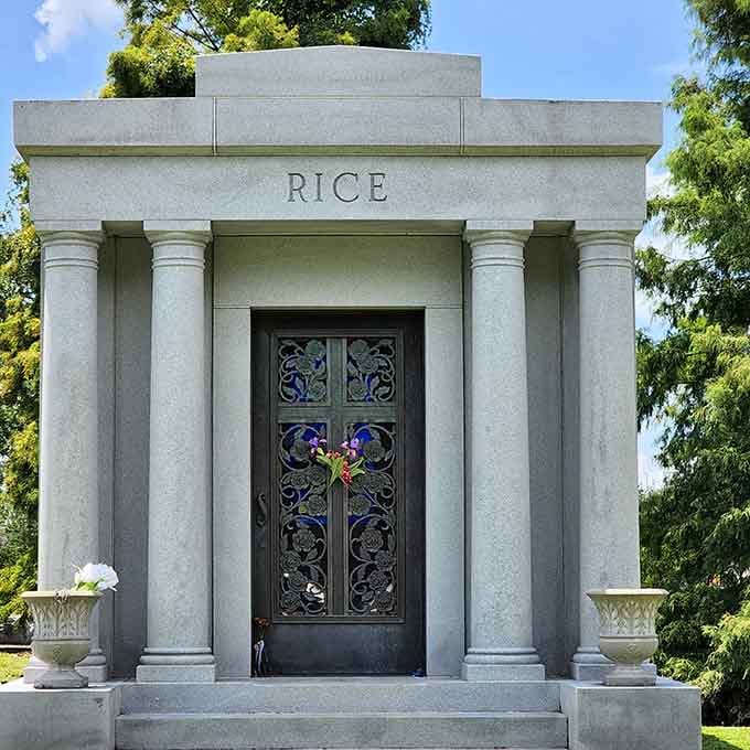 The Rice family mausoleum stands as a testament to when people built monuments meant to last actual centuries, not decades.