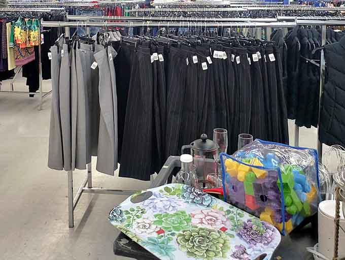 Pants in every shade of gray and black, perfect for building a wardrobe that screams "I'm practical."