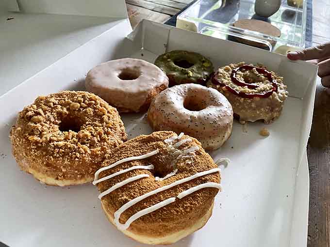 Six different donuts proving that variety truly is the spice of life, especially when covered in sprinkles and glaze.
