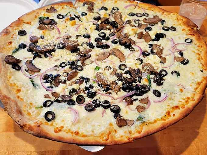 Even the pizza here looks like it's been touched by the ice cream gods, loaded with toppings and melted cheese.