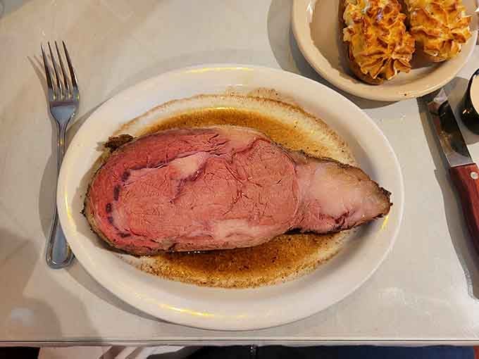 Prime rib sliced thick and cooked to rosy perfection, the kind of meal that keeps people coming back.