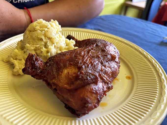 BBQ chicken with a glaze so gorgeous it belongs in a museum, paired with mac and cheese that's basically comfort in casserole form.