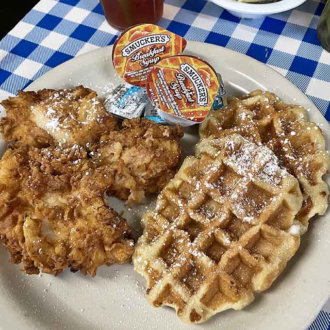 Chicken and waffles dusted with powdered sugar: breakfast's power couple finally getting the recognition they deserve together.