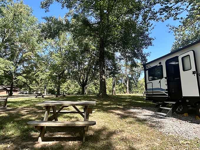 Your campsite comes complete with picnic tables and plenty of shade, because roughing it doesn't mean suffering unnecessarily.