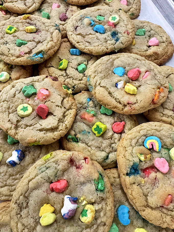 Lucky Charms cookies bring childhood nostalgia and adult-sized portions together in one glorious, colorful creation.