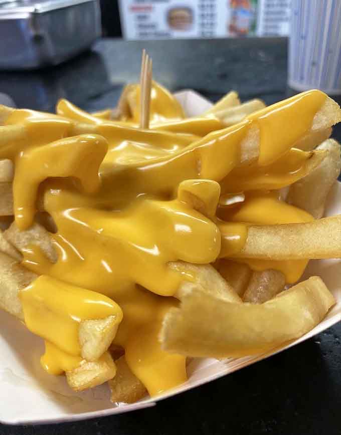 Cheese fries drowning in molten goodness, because sometimes restraint is highly overrated at roadside stands.