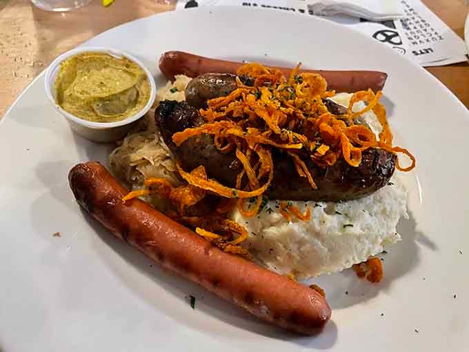 These aren't hot dogs, they're architectural marvels of meat engineering served with crispy fried onions on top.