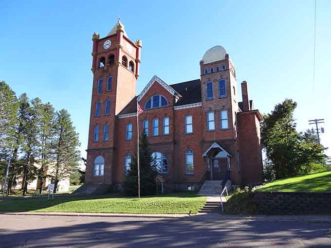 The Old Iron County Courthouse towers over town like a Victorian-era guardian of justice and architectural ambition.