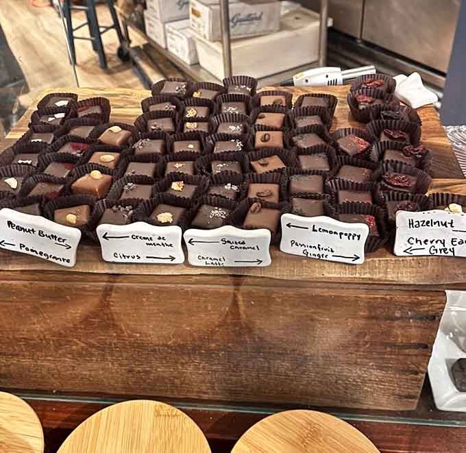 This wooden board showcases flavor combinations that sound like they were dreamed up by chocolate-loving poets with taste.