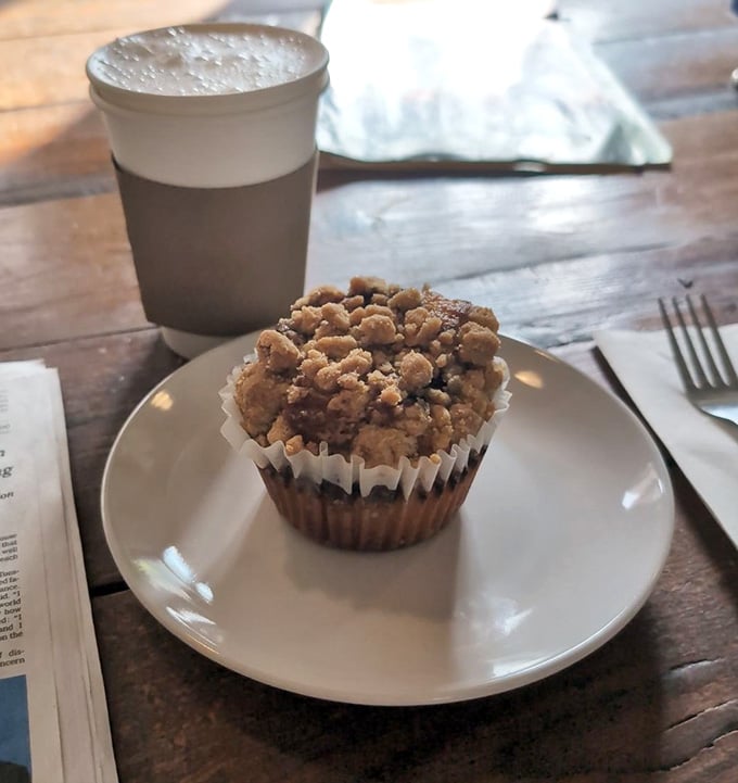 Streusel-topped blueberry muffin meets perfectly foamed latte in what might be the most photogenic breakfast pairing you'll find today.