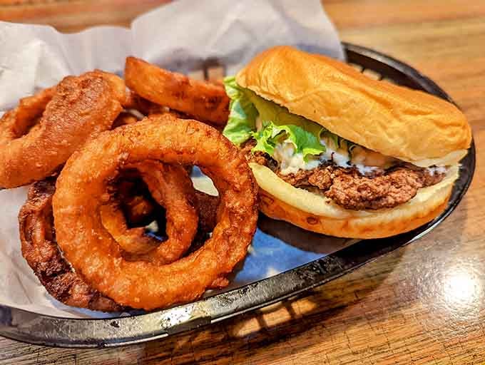 That Olive Burger paired with golden onion rings is the kind of lunch that makes you forget all about your afternoon plans.