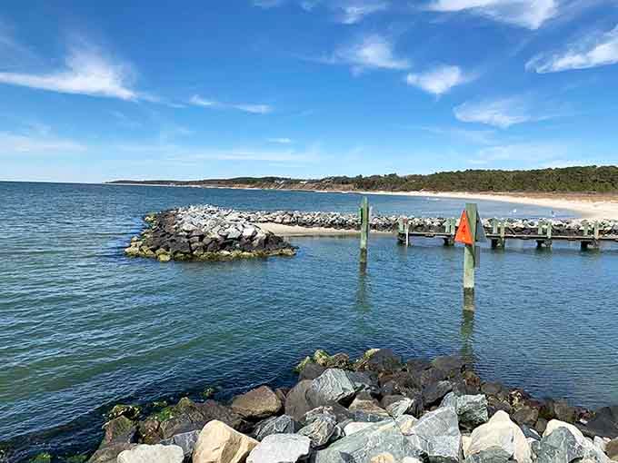 The boat launch and jetty offer easy water access for paddlers and anglers alike.
