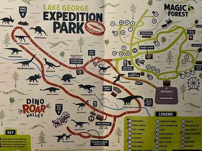The park map reveals a perfect blend of prehistoric creatures and classic rides waiting to be explored.