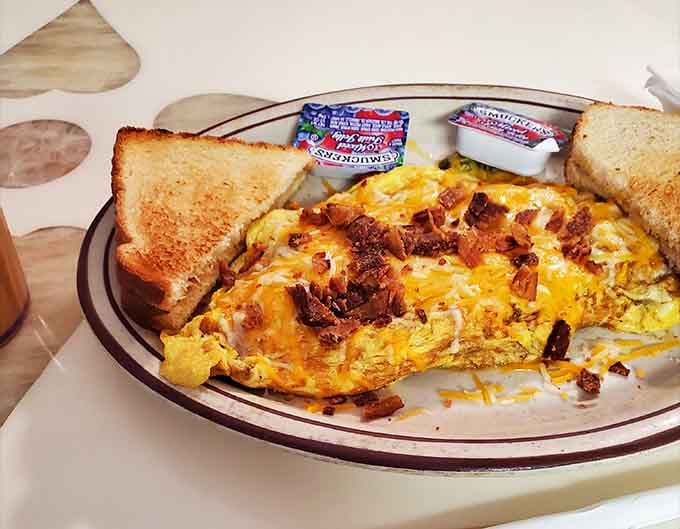 A loaded omelet with bacon and cheese makes getting out of bed actually worth the effort.
