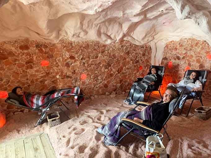 Blankets provided because relaxing in a salt cave while cozy is basically the definition of self-care done right.