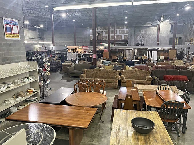 Furniture sprawls across the floor like a living room showroom designed by someone who understands actual living rooms.