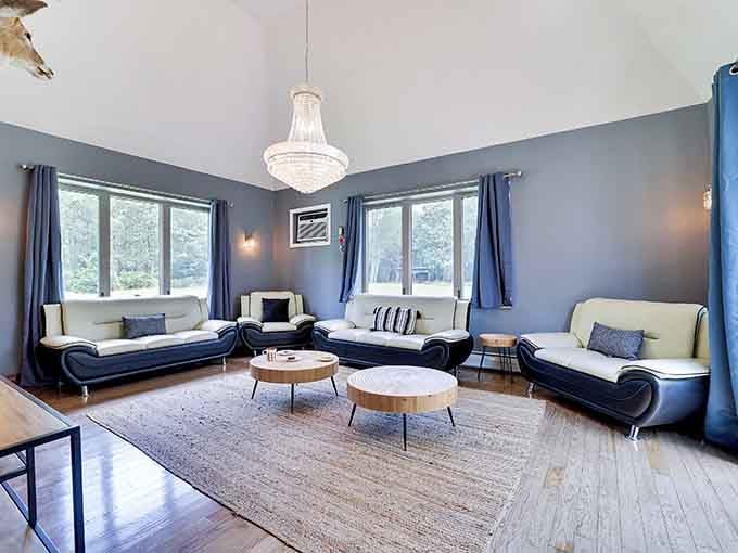 Modern comfort meets castle elegance in this serene living space where relaxation is basically a royal decree.