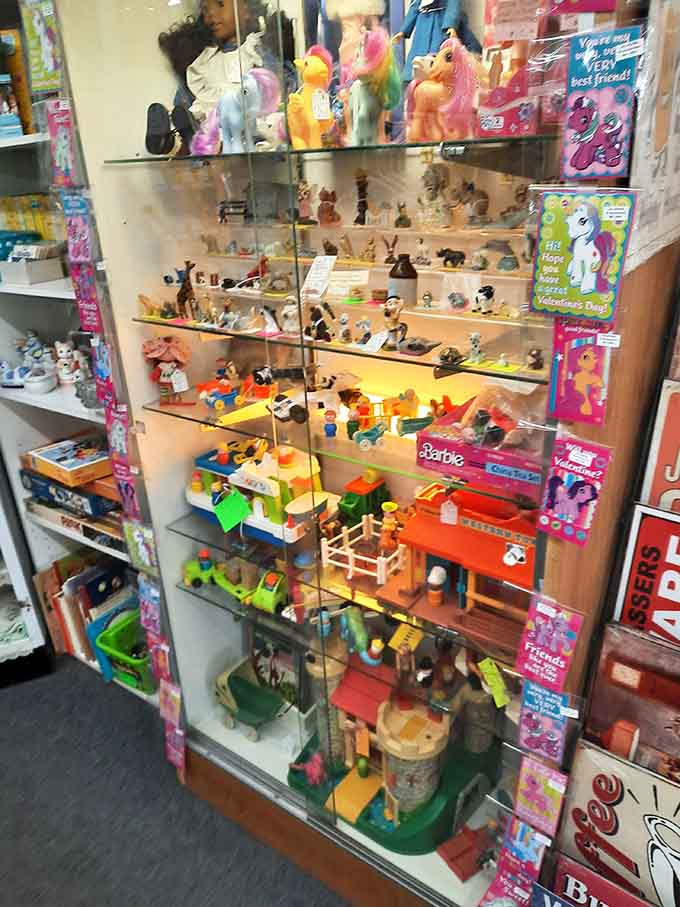 Toy treasures from childhood line these shelves, ready to spark joy or intense nostalgic crying sessions.