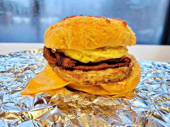 This breakfast sandwich stacks up beautifully, with layers of egg, bacon, and cheese creating pure morning magic.