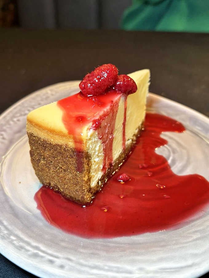 Raspberry cheesecake this photogenic should come with a warning: you'll spend five minutes photographing before finally diving in.