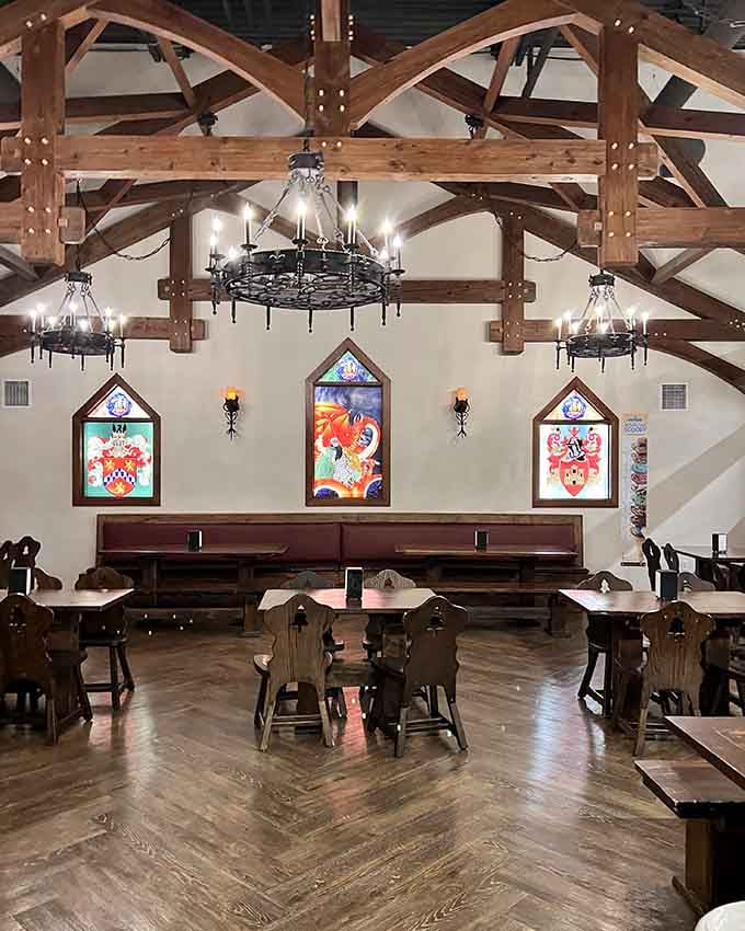 Cathedral ceilings, stained glass, and wooden tables transform snack time into a feast fit for knights.