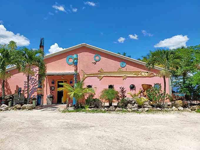 Coral pink walls adorned with oversized fish sculptures prove that subtlety took a permanent vacation from Matlacha.