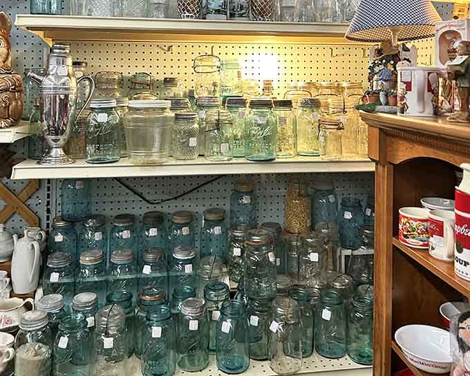 Mason jars in every shade of blue and green, perfect for people who Pinterest way too hard.