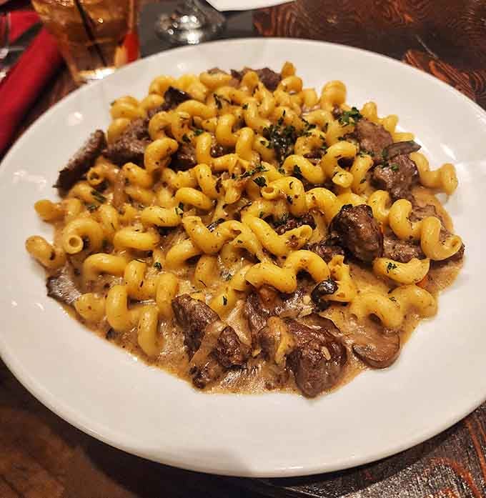 Beef stroganoff over pasta delivers comfort food that would make your ancestors jealous of modern dining.