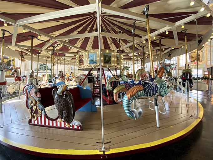 The full-size working carousel invites you to choose your noble steed and ride.