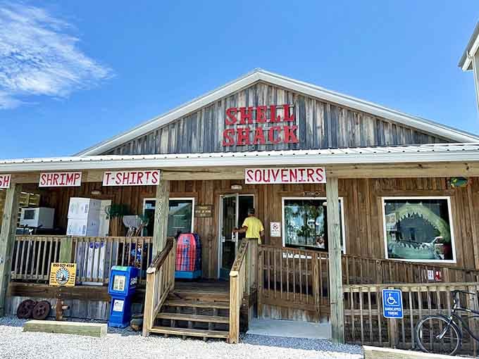 The Shell Shack's weathered wood exterior promises souvenirs that won't embarrass you back home in Ohio.