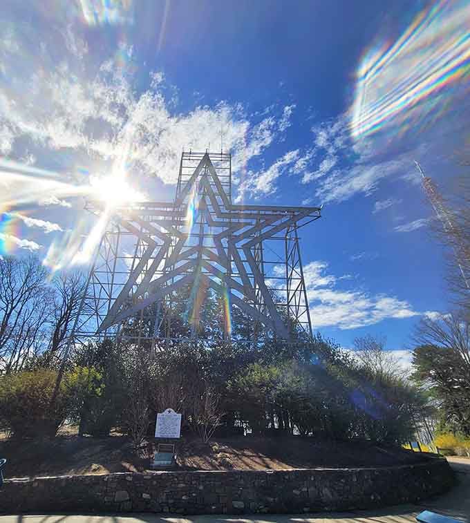 Sunbeams dance through the star's steel framework, turning industrial engineering into something almost spiritual and magical.