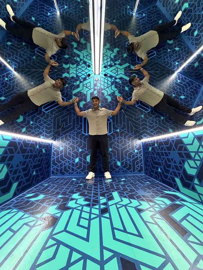 Meet yourself coming and going in this mirror maze that multiplies you faster than rabbits.