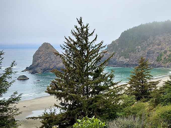The beach view from above reveals why this coastline makes California's beaches look positively ordinary by comparison.