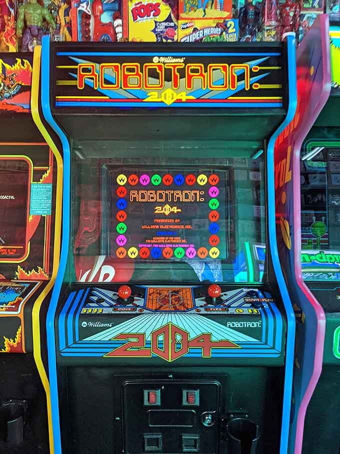 Robotron's colorful cabinet stands ready to test your reflexes just like it did back in the eighties.