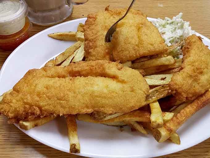 Golden fried fish that would make any seaside shack jealous, proving Nick's mastery extends beyond the hot dog realm.