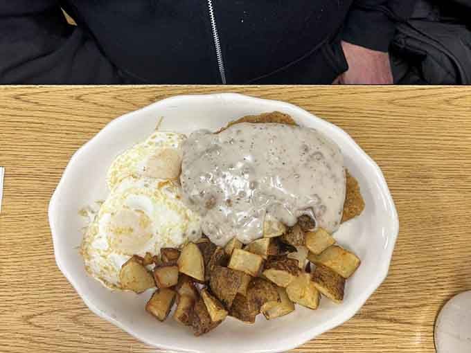 Chicken fried steak smothered in gravy proves breakfast doesn't have to apologize for being indulgent and satisfying.