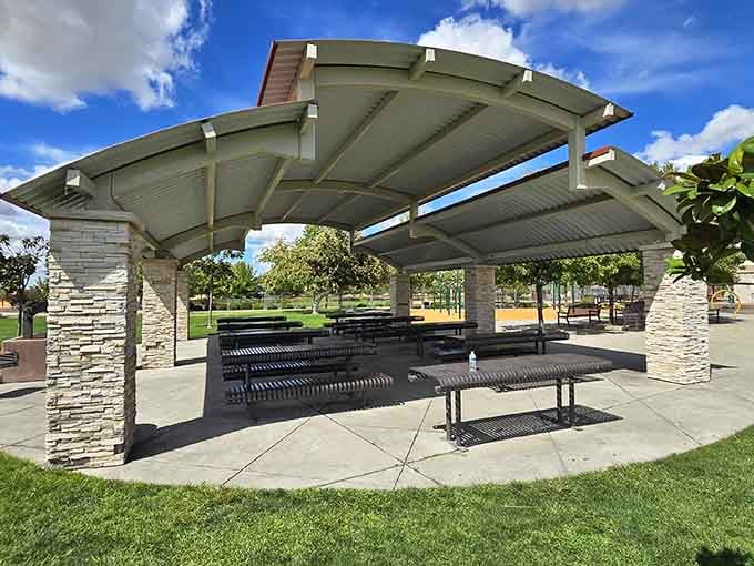 Covered picnic pavilions where your potato salad stays cool and your family memories get made simultaneously.