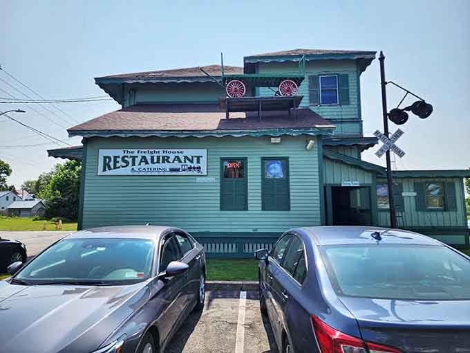 The Freight House Restaurant occupies a charming turquoise building that's impossible to miss and even better to visit.